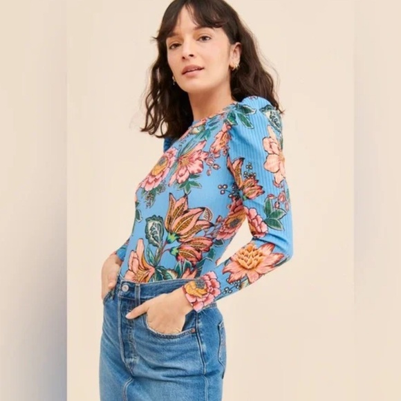 FARM Rio | Tops | Farm Rio Blue And Pink Floral Puff Sleeve Bodysuit ...